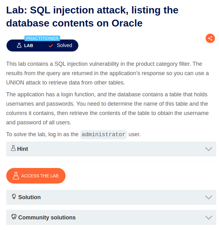 Lab: SQL injection attack, listing the database contents on Oracle :: 공부용 블로그 입니다.