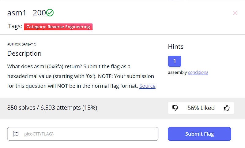 [picoCTF][Reverse Engineering]asm1 문제 풀이