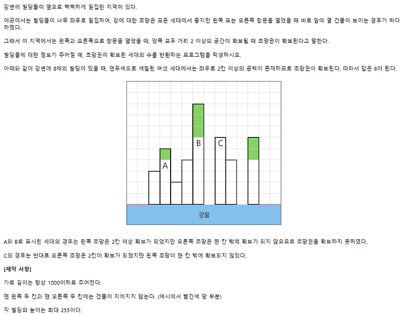 [SWEA] 1206. [S/W 문제해결 기본] 1일차 - View (D3) / C++ — 기록
