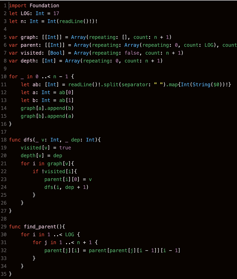 백준 11438: LCA2 (최소공통조상 / with Swift)