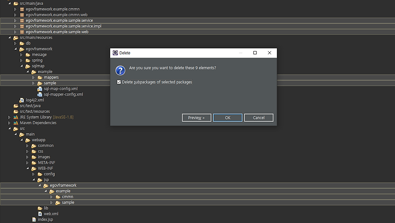 [eGovFramework] Spring 기반 웹 프로젝트 만들기(2) : sample 삭제