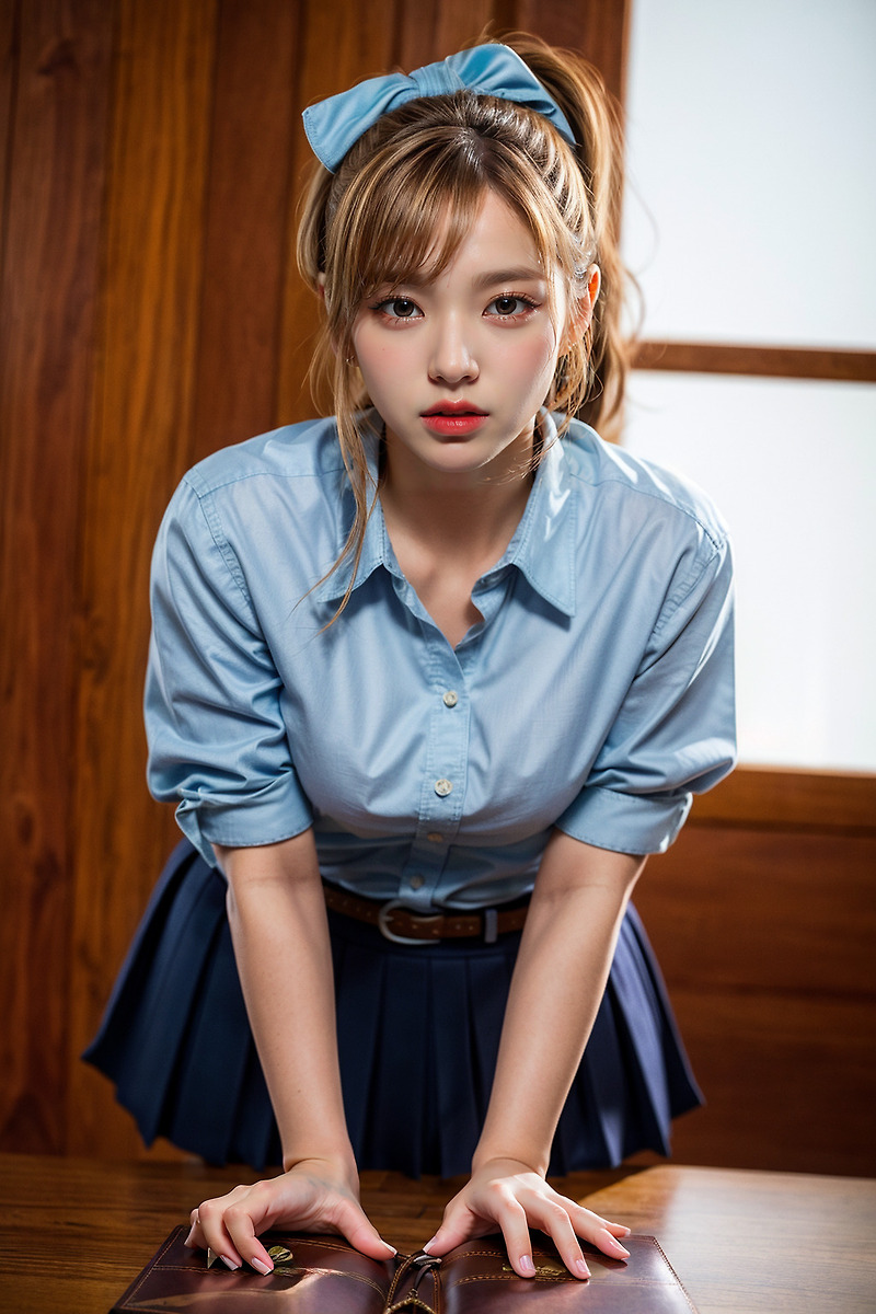 Ai 생성한 하늘색 셔츠입은 귀여운 여자 이미지 2