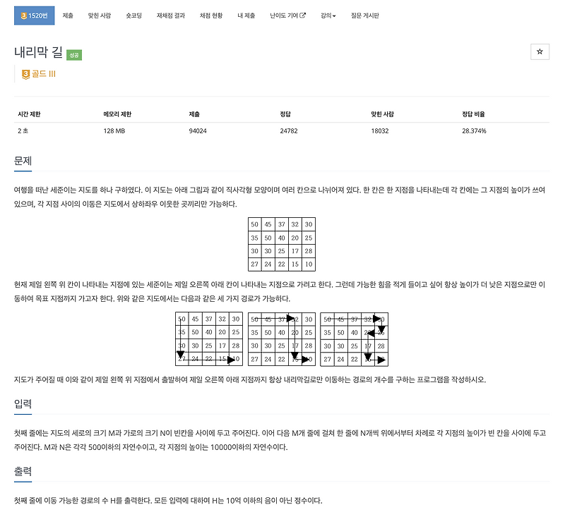 [백준] 1520번 - 내리막 길 [Java]