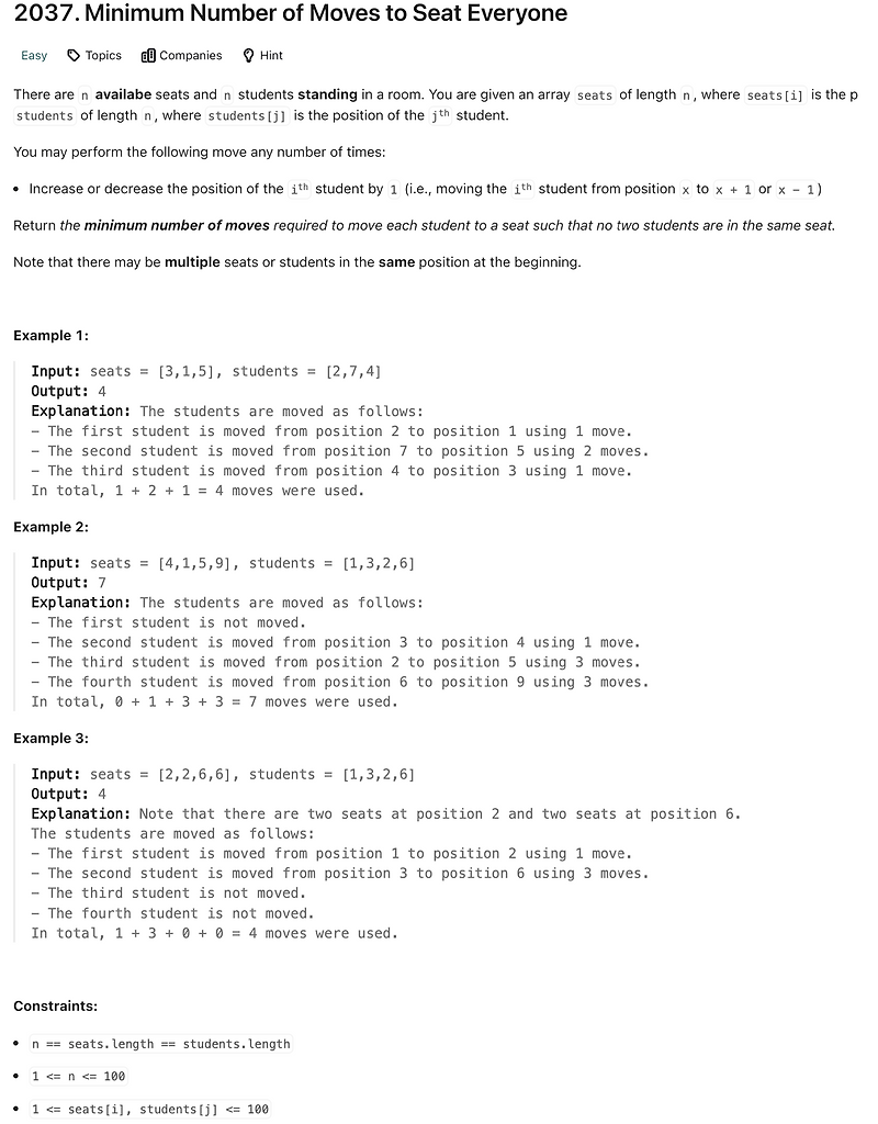LeetCode [2037]: Minimum Number of Moves to Seat Everyone — 개발하는 장씨