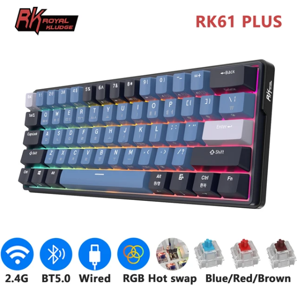 ROYAL KLUDGE RK61 Plus 2.4G 무선 블루투스 기계식 키보드 61키 알리 게임용 키보드