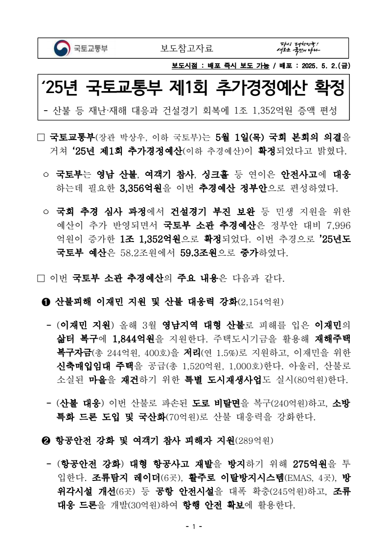 국토교통부, ‘25년 국토교통부 제1회 추가경정예산 확정
