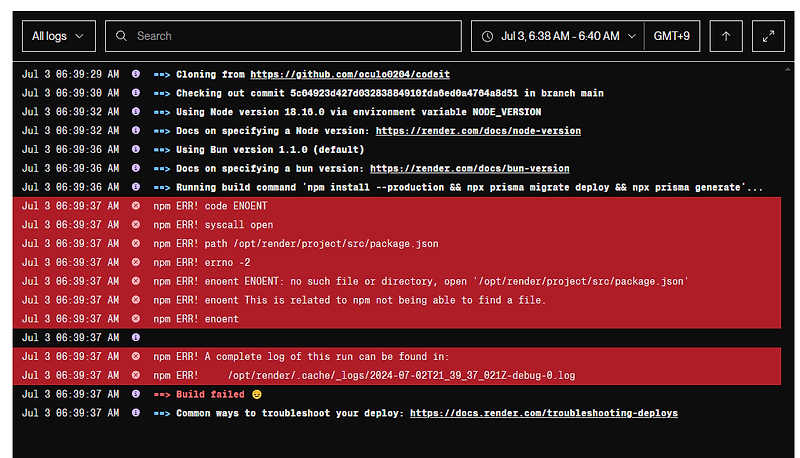 render /opt/render/project/src/package.json' error