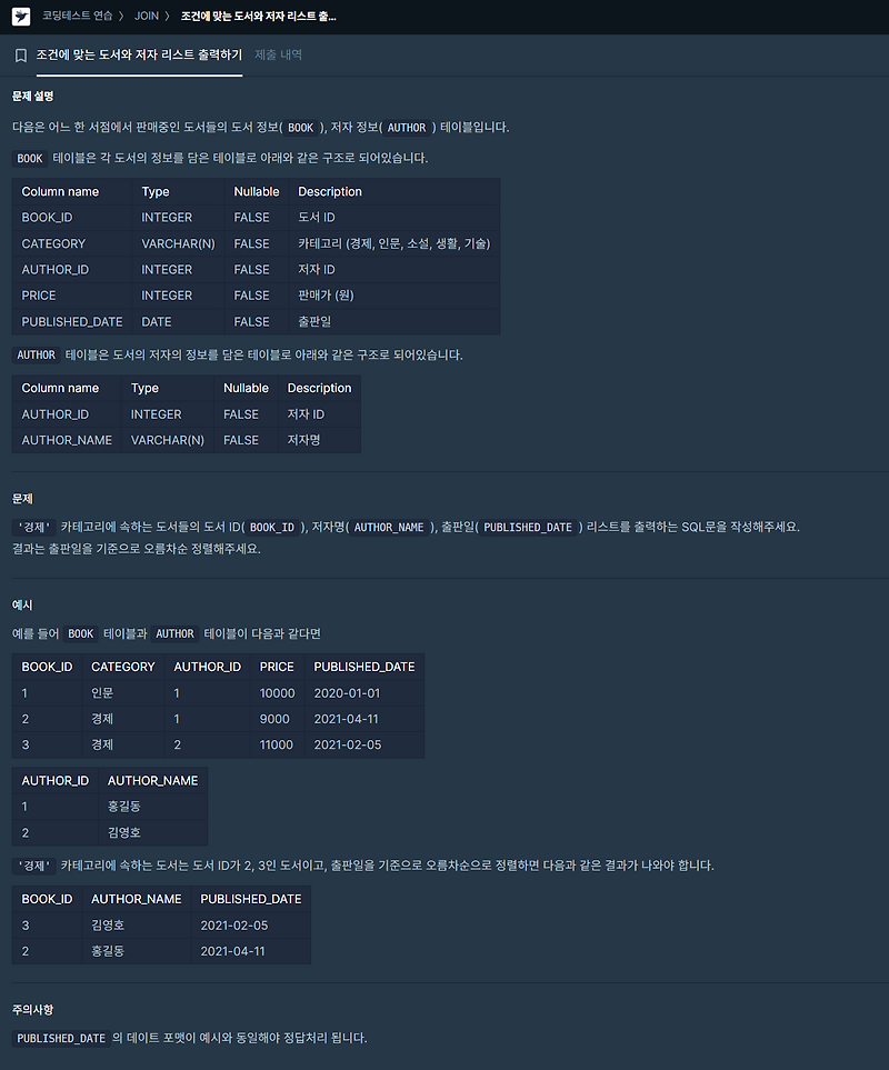 [프로그래머스 SQL] Lv. 2 조건에 맞는 도서와 저자 리스트 출력하기