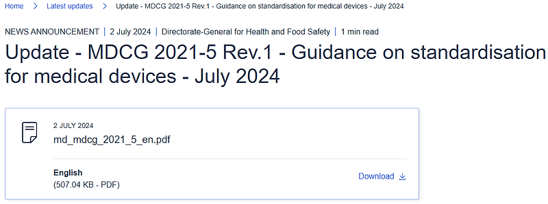 [CE, MDR/IVDR] Update - MDCG 2021-5 Rev.1 - Guidance on standardisation for medical devices ...