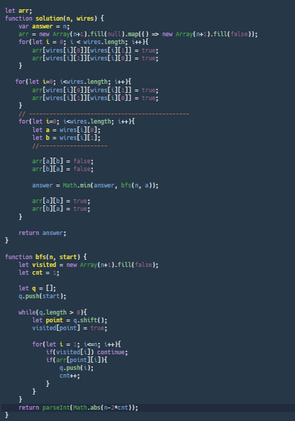 [프로그래머스] Lv.2 전력망을 둘로 나누기 (JavaScript) :: hwannee.dev