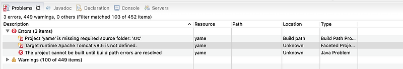 이클립스 github 연동 후 에러 해결 (Target runtime Apache Tomcat is not defined, Project is missing required ...