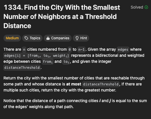 [리트코드 Leetcode Python] 1334 Find The City With The Smallest Number Of Neighbors At A Threshold