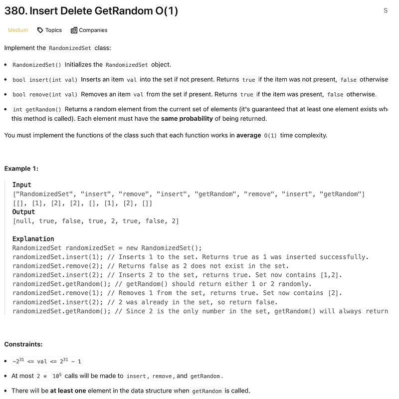 LeetCode [380]: Insert Delete GetRandom O(1) — 개발하는 장씨