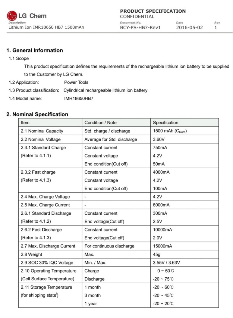 [LG Cham/엘지] LGDAHB71865(IMR18650HB7) 데이터시트 (Datasheet), SPECIFICATION 다운로드(PDF)