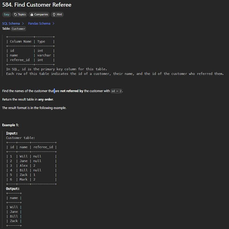 [mysql][leet Code] 584 Find Customer Referee Easy
