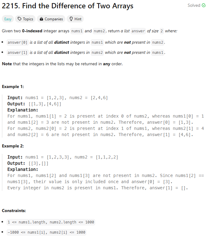 [LeetCode] 2215. Find the Difference of Two Arrays