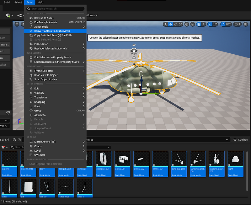 Unreal Engine - FBX 헬기 모델 병합 및 Skeletal Mesh 변환 과정