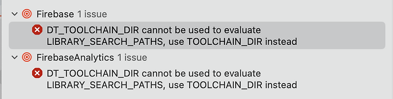 iOS) DT_TOOLCHAIN_DIR cannot be used to evaluate LIBRARY_SEARCH_PATHS, use TOOLCHAIN_DIR instead