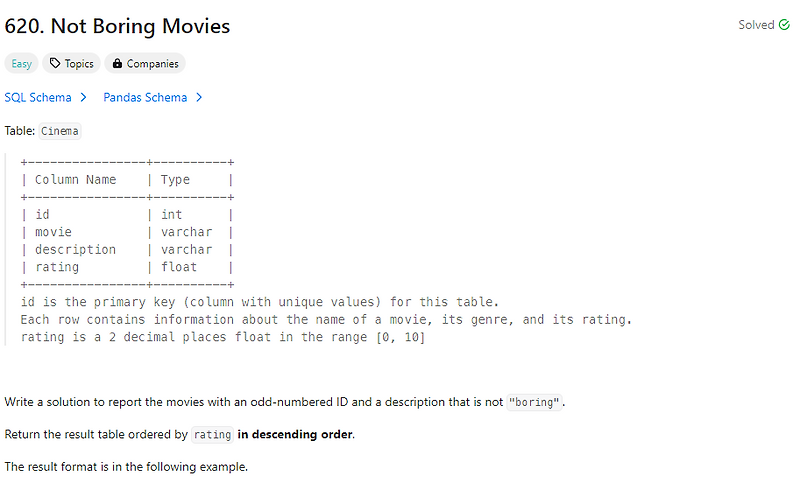 [LeetCode 620번 / MySQL] 620 : Not Boring Movies :: 개발 공부기록