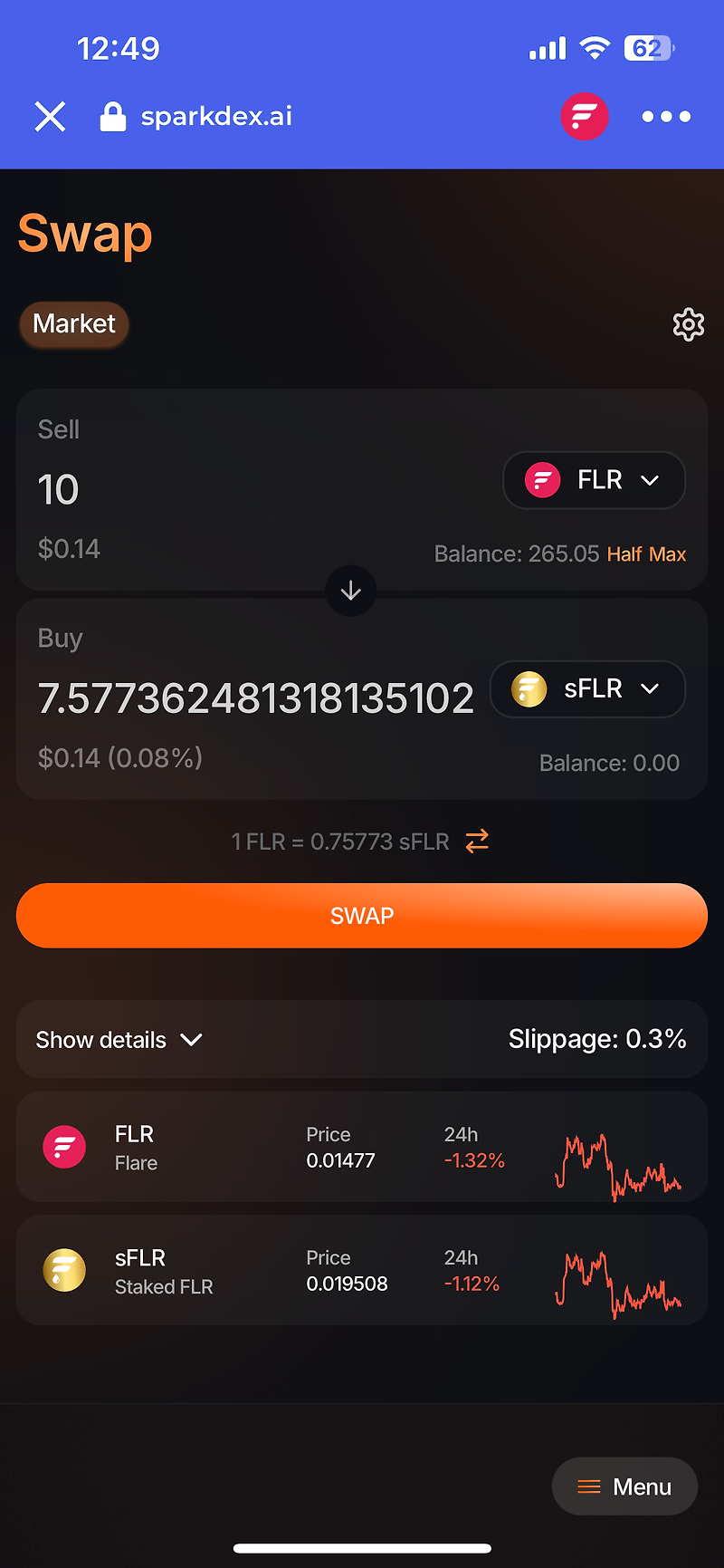 Kinetic.market과 Sparkdex 유동성 공급 풀고 FLR 현금화