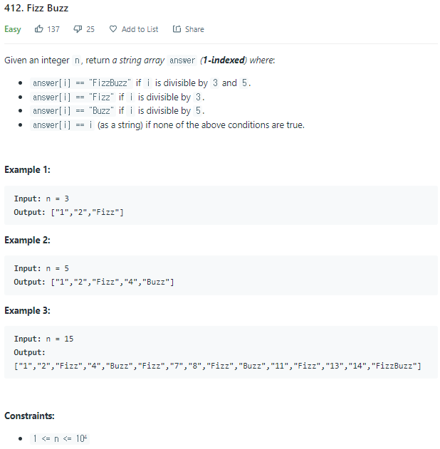 Leetcode 문제 412번 Fizz Buzz — Coding-Leaf