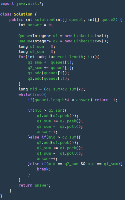 [프로그래머스] Lv.2 두 큐 합 같게 만들기 (Java) :: hwannee.dev