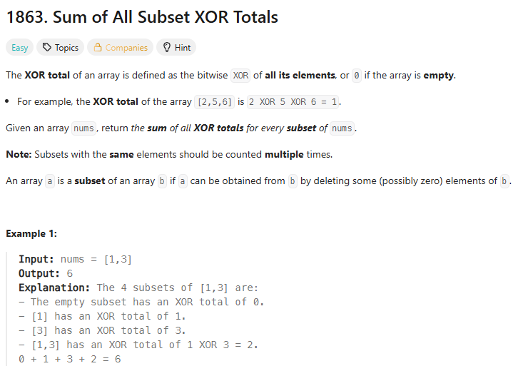 [Leet code] 1863. Sum of All Subset XOR Totals :: DDIDDING
