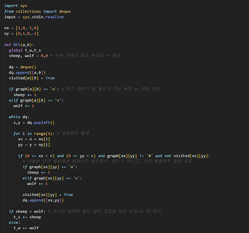 [백준 알고리즘] 3184번: 양 (Python, BFS)