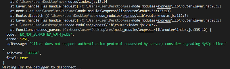 Nodejs 에서 Mysql 80 에 연결할 때 Does Not Support Authentication Protocol 오류가 발생하는 경우 
