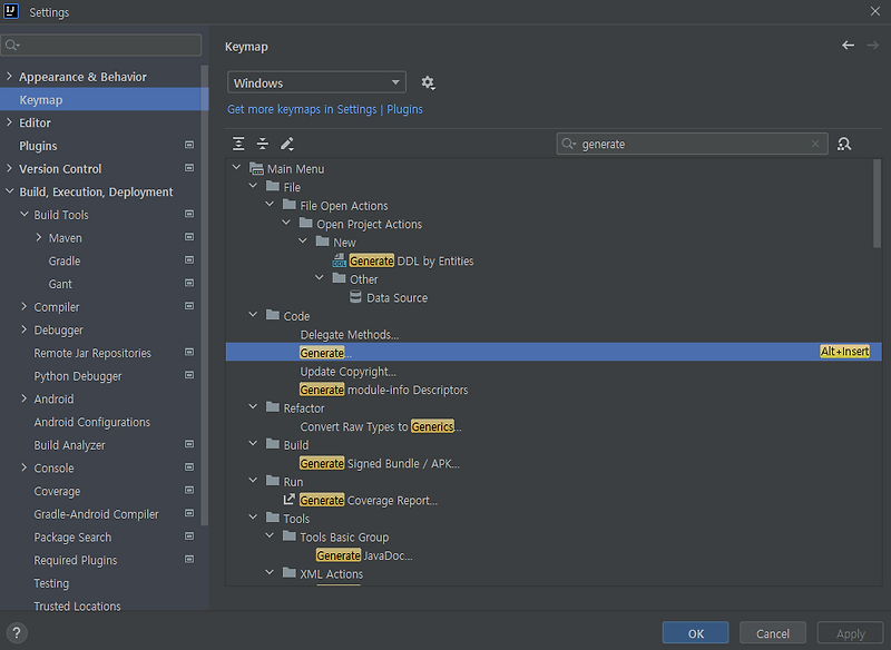 [Java] IntelliJ Keymap에서 단축키 검색하기 (search for shortcuts), Generate Constructor