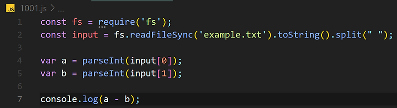 [백준] javascript 1001 A-B