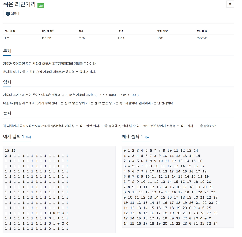 [백준] BOJ - 14940 쉬운 최단거리 자바 java (실버1)