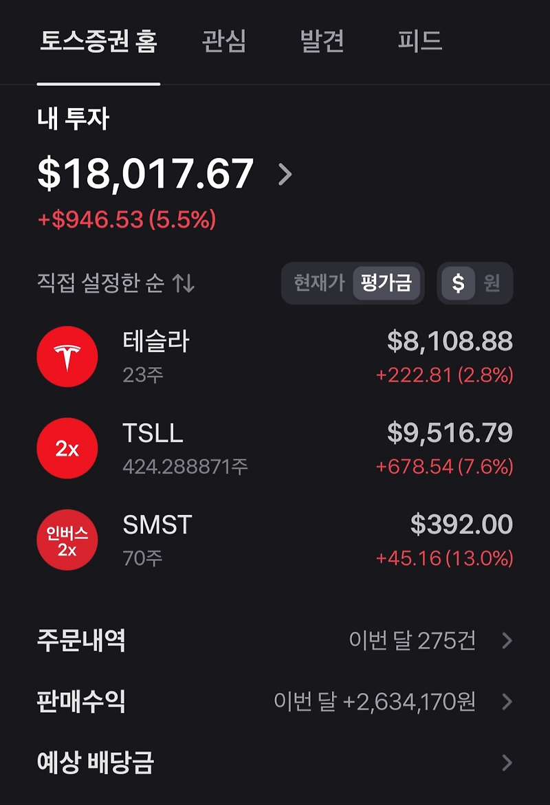 2024 11월 22일/테슬라 TSLA,TSLL 투자현황