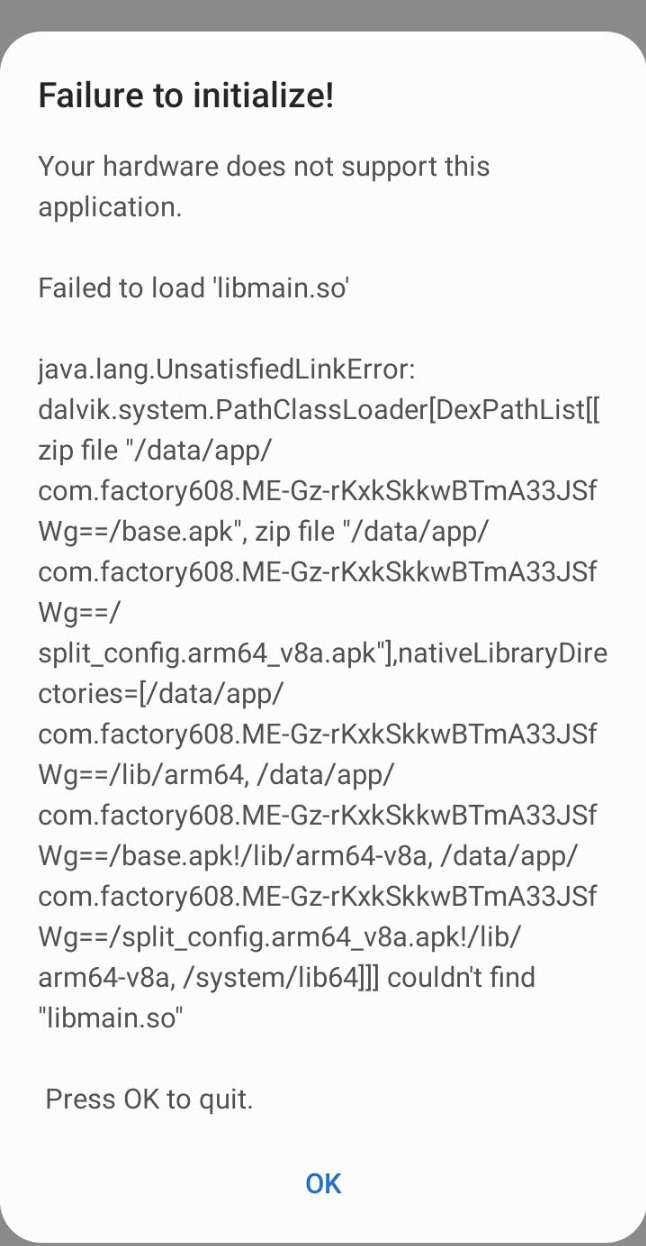 [Unity] Your hardware does not support this application. Failed to load 'libmain.so' 에러 해결