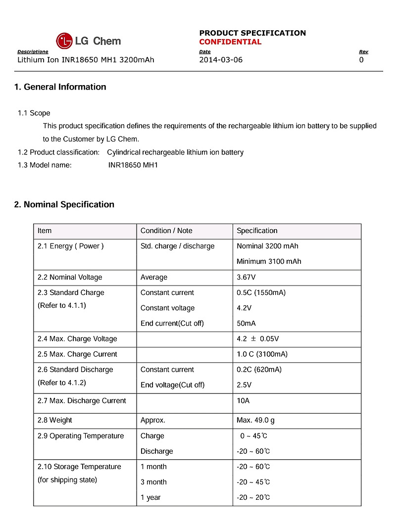 [LG Cham/엘지] LGDBMH11865(ICR18650MH1) 데이터시트 (Datasheet), SPECIFICATION 다운로드(PDF)