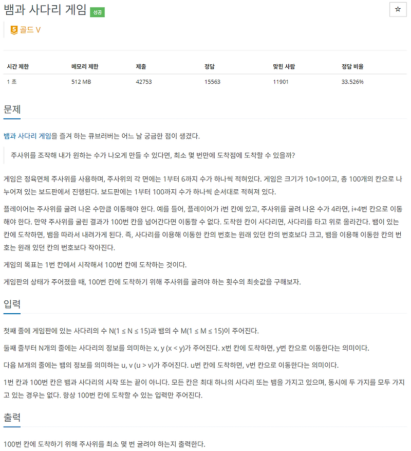 BEAKJOON / 백준 - JAVA 16928번 뱀과 사다리 게임 — SlowCoding