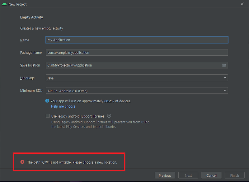 The path 'C:\' is not writable. Please choose a new location.