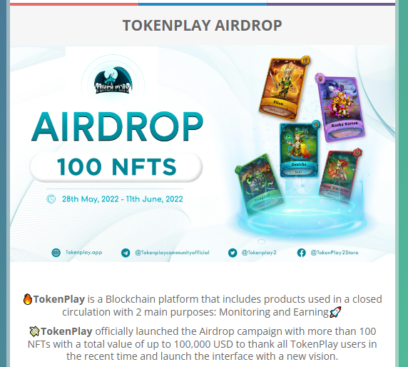 TokenPlay 100 Hero Arena NFTs 에어드랍 이벤트(~6.11)