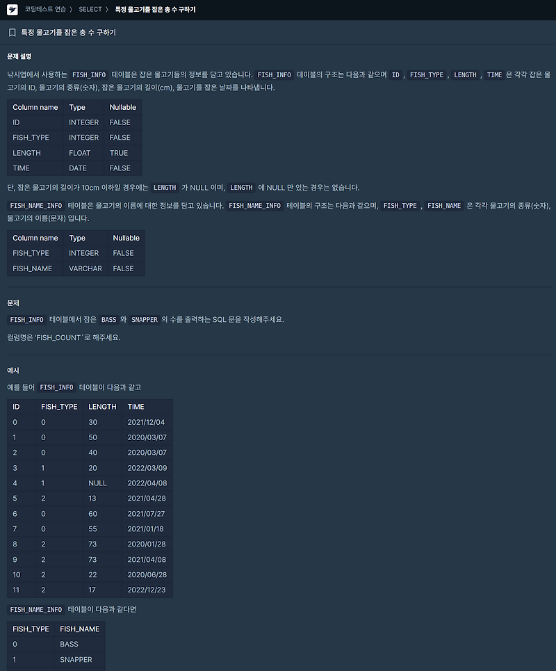 [프로그래머스 SQL] Lv. 2 특정 물고기를 잡은 총 수 구하기
