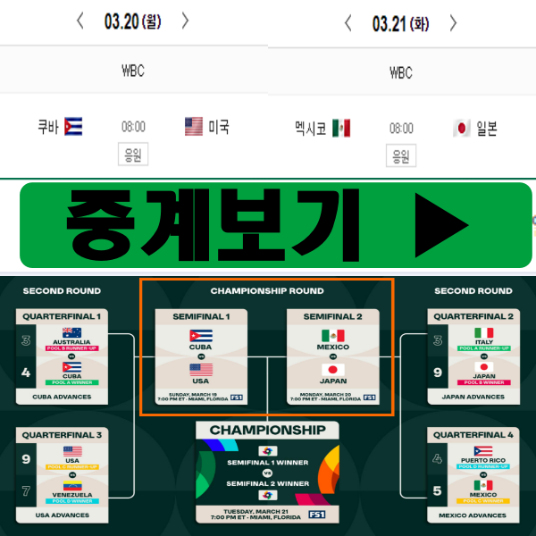 2023 WBC 4강 대진표(준결승), 중계 시간(쿠바vs미국, 멕시코vs일본)