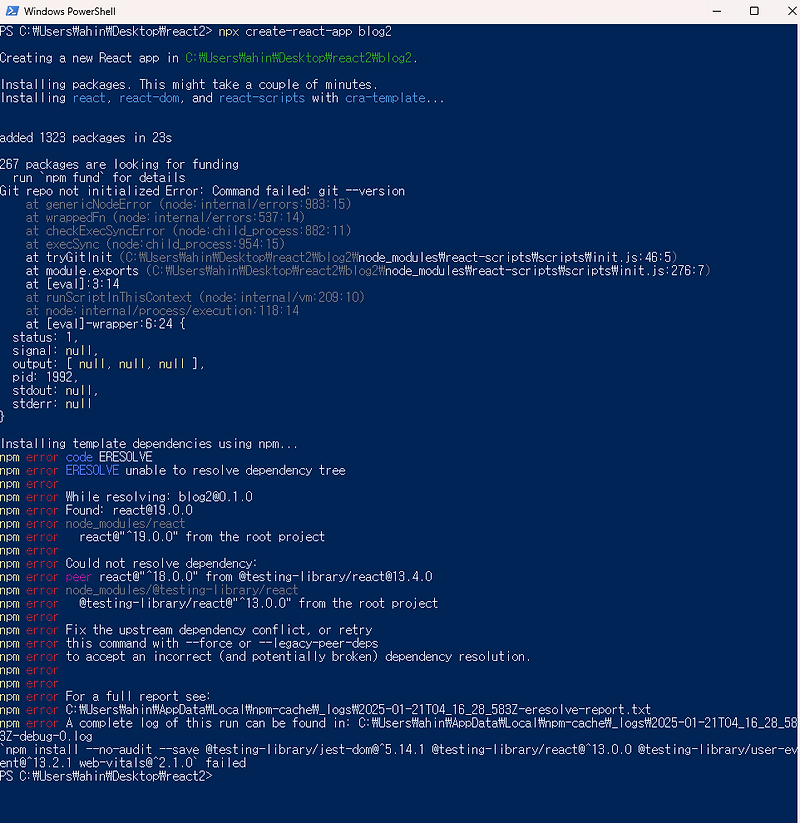 React CRA 에러 - npm error peer react@"^18.0.0" from @testing-library ...