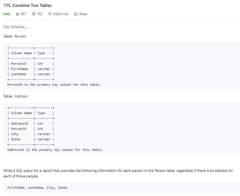 LeetCode 175. Combine Two Tables 오라클 풀이글
