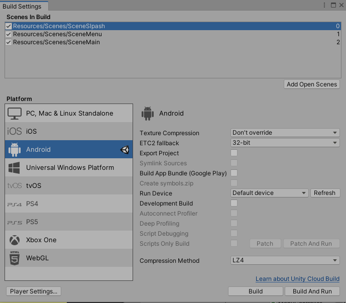 문제해결)Unity)couldn't be loaded because it has not been added to the build settings or the ...