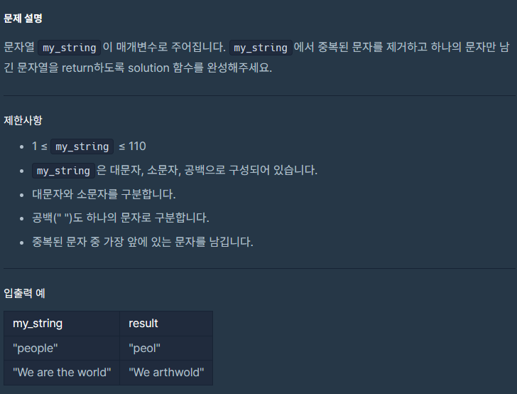 [프로그래머스 입문_java] 중복된 문자 제거 :: 아무것도 모르는 subray