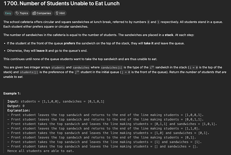[Leetcode/Stack,Queue] 1700. Number of Students Unable to Eat Lunch