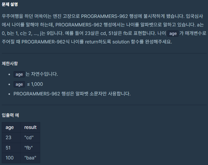 [Javascript : programmers] 외계행성의 나이 (Lv.0)