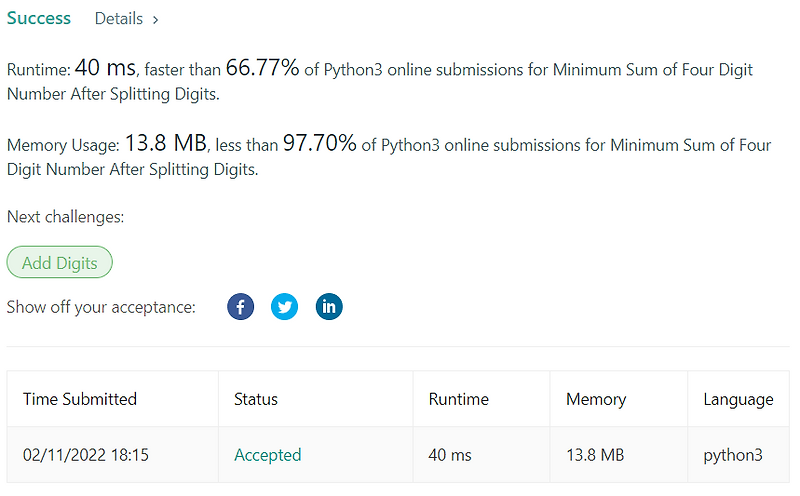 Leetcode 2160. Minimum Sum of Four Digit Number After Splitting Digits