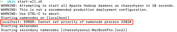 [Hadoop] localhost: ERROR: Cannot set priority of namenode process 해결