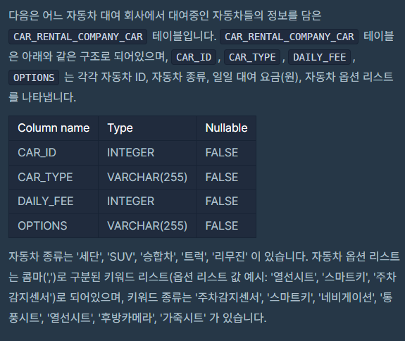 Sql 프로그래머스 문제 자동차 종류 별 특정 옵션이 포함된 자동차 수 구하기