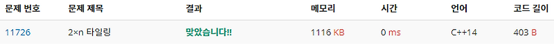 백준, boj) 11726. 2xn 타일링(C / C++)
